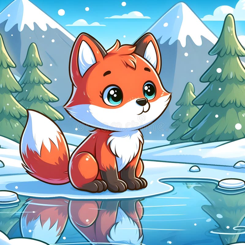 Baby Fox Watching Reflection in Winter Frozen Lake Stock Illustration ...