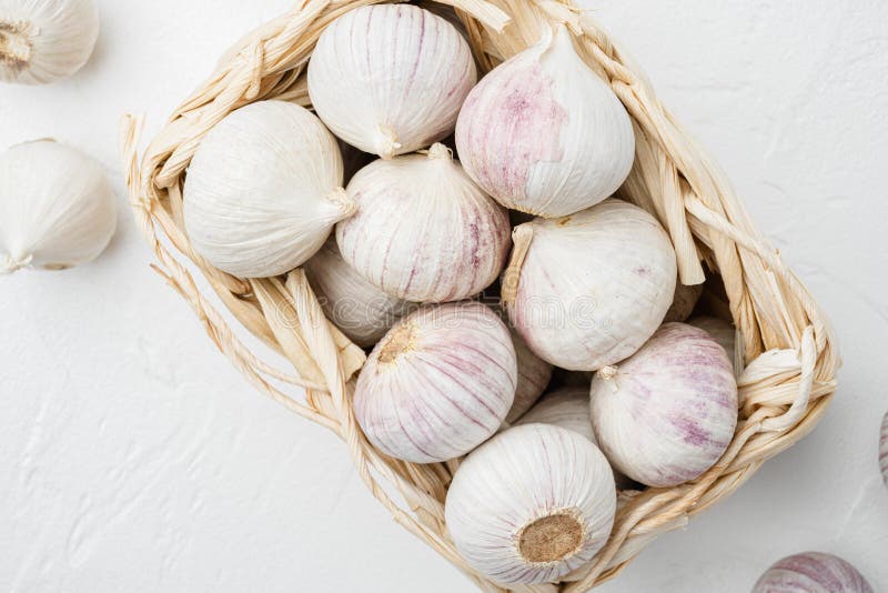 Baby Garlic, on White Stone Table Background, Top View Flat Lay Stock ...
