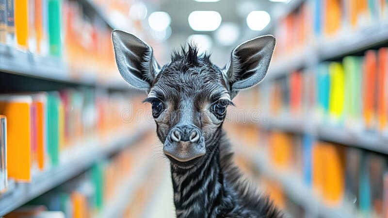 Baby Giraffe in a Library, Looking at Camera Stock Illustration ...