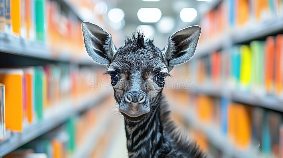 Baby Giraffe in a Library, Looking at Camera Stock Illustration ...