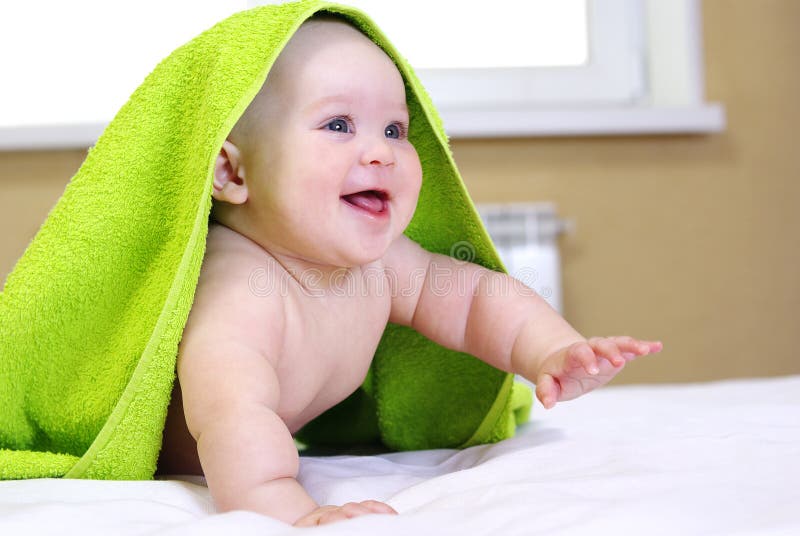 Cute Happy Baby Hiding between Green Blankets Stock Photo - Image of ...