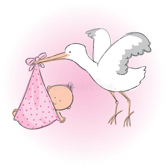 Stork Carrying Baby Girl Stock Illustrations – 699 Stork Carrying Baby ...