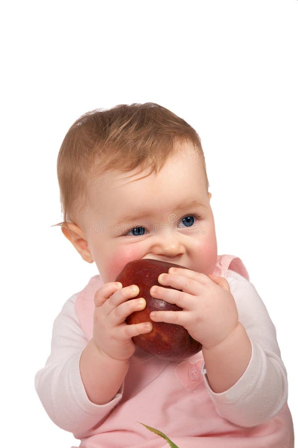 Baby with Scared Face Keeping an Apple. Stock Photo - Image of ...
