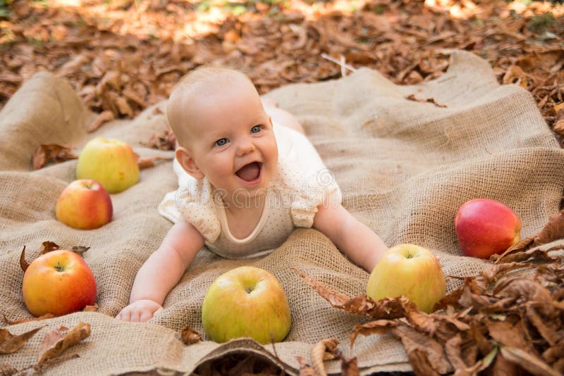 Baby girl with apples stock image. Image of apples, dress - 77195143