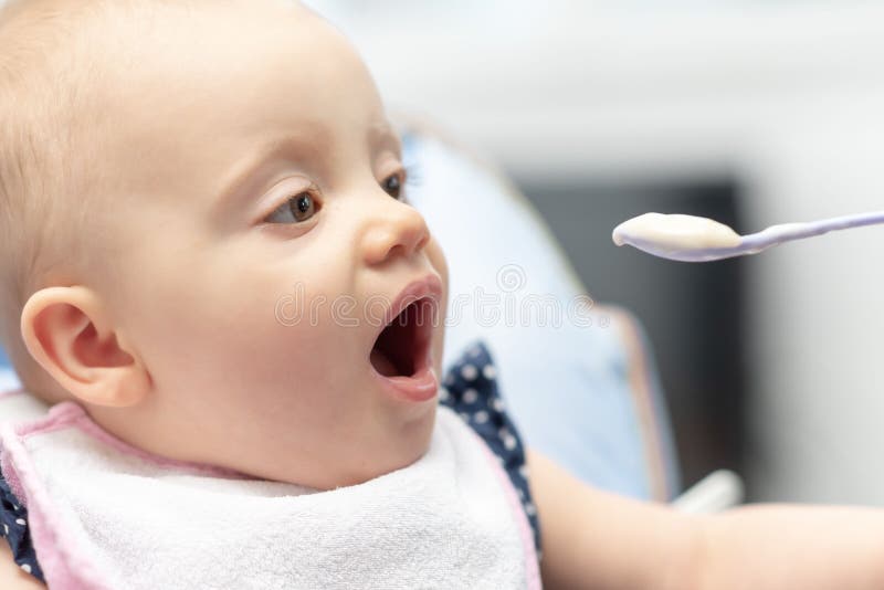 Baby Girl Being Fed with a Spoon Stock Photo - Image of little ...