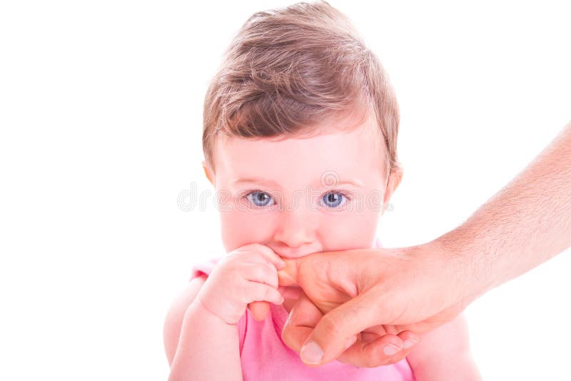 Baby Girl Biting Daddy S Hand. Stock Photo - Image of family, birth ...