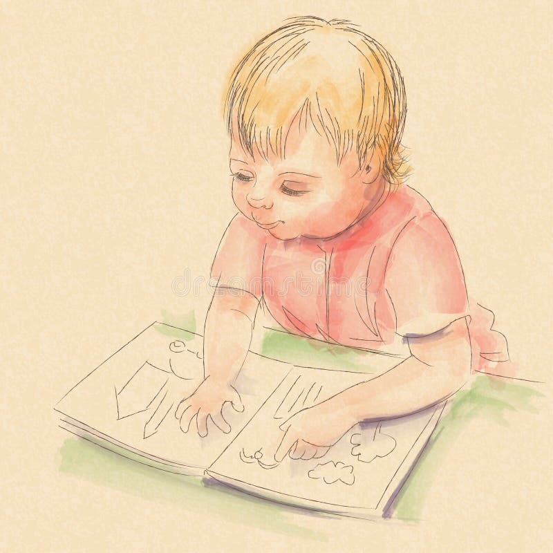 Baby girl with a book stock vector. Illustration of girl - 53060420