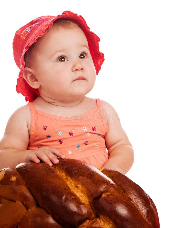 Baby girl and bread stock photo. Image of eating, thoughtful - 37527636