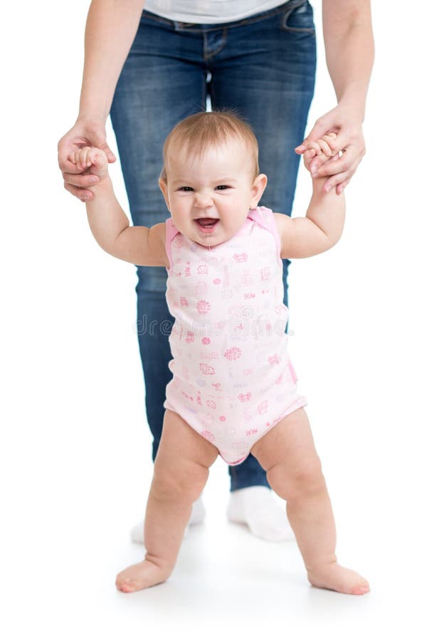 Baby Girl Doing First Steps with Help of Mother Stock Image - Image of ...