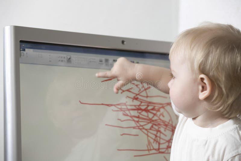 Baby Girl Drawing on Computer Screen at Home Stock Image - Image of ...