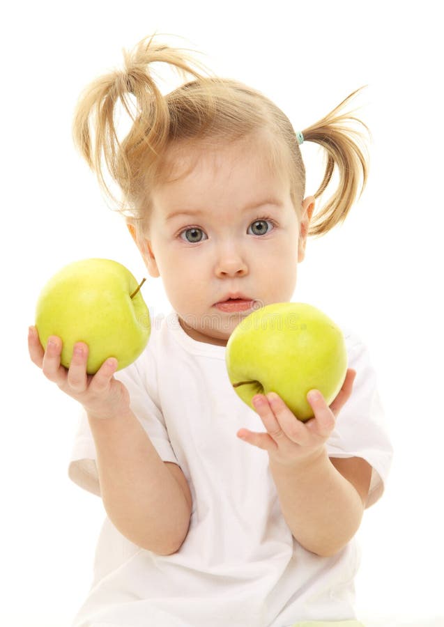 Baby Girl with Green Apples Stock Photo - Image of cheerful, little ...