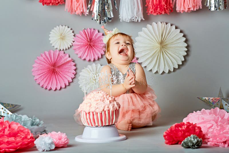 Baby Girl and Her Birthday Cake, Studio Stock Image - Image of clapping ...