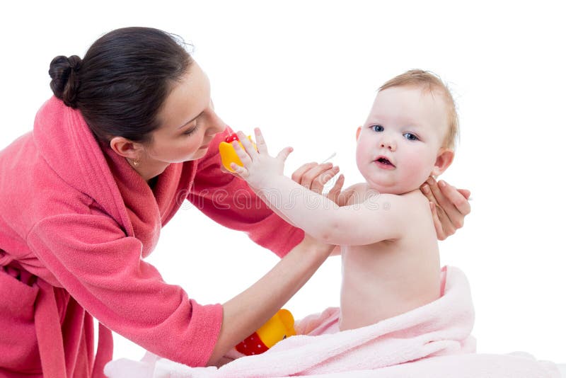 Baby Girl Hygiene after Bath Isolated on White Stock Photo - Image of ...