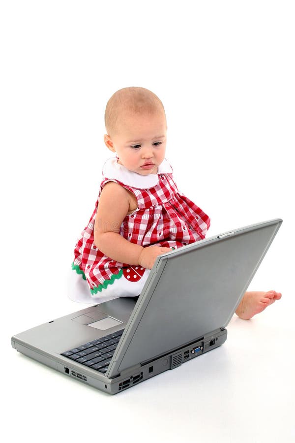 Baby Girl with Laptop Computer Over White Stock Photo - Image of ...