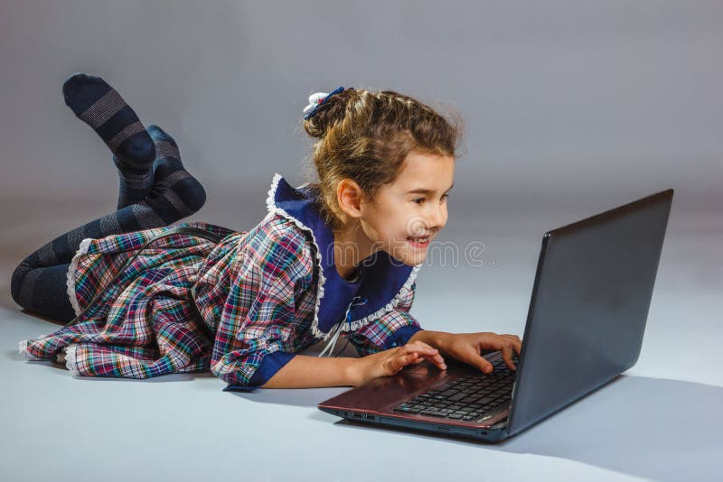 Baby Girl Looking Computer and Smiling Stock Image - Image of people ...