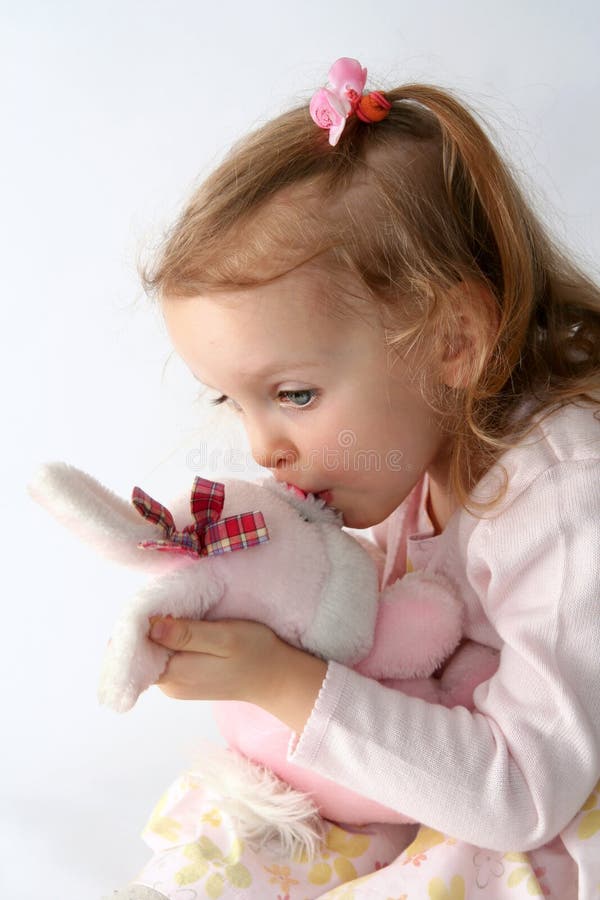 Baby girl and pink bunny stock image. Image of child, bunny - 2112187