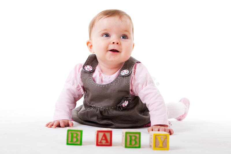 Baby Girl Posing with Blocks Stock Image - Image of casual, blue: 14678571