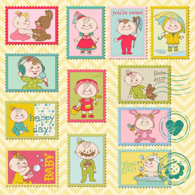 Baby Girl Postage Stamps stock vector. Illustration of cheerful - 29095295