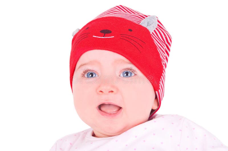 Baby girl with red hat. stock image. Image of neonate - 72899953