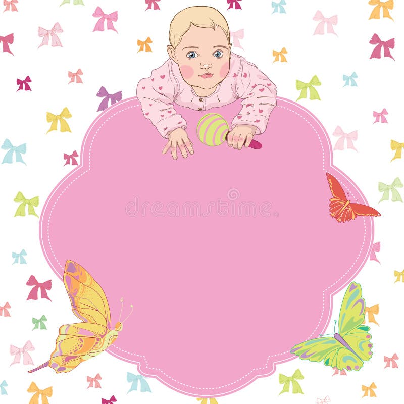 Baby Girl Vector Card with Text Frame Stock Illustration - Illustration ...