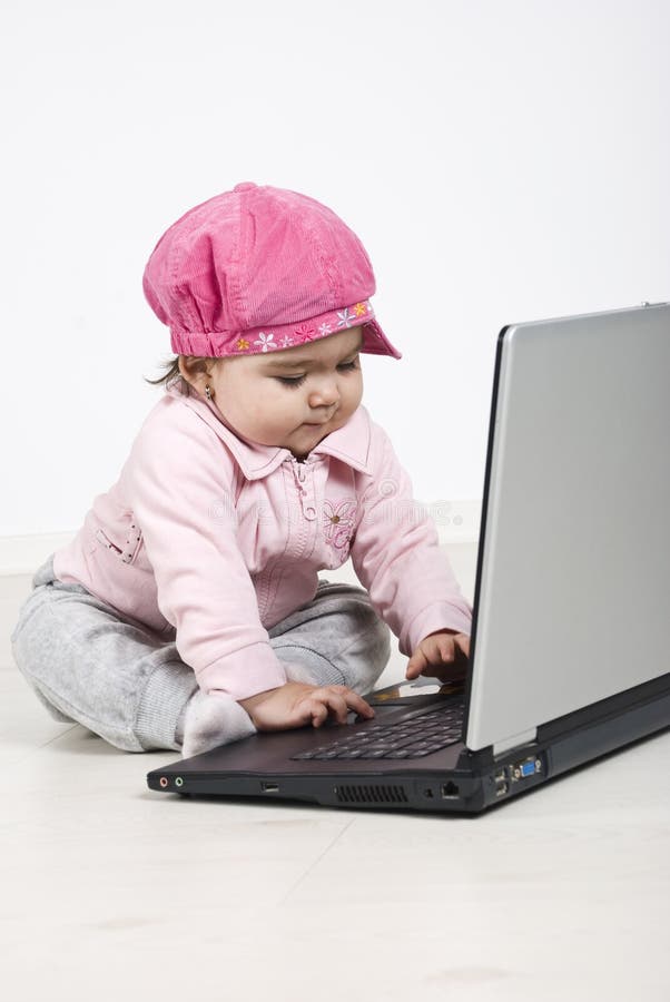 Baby Girl with Computer Laptop, Mobile Phone Stock Image - Image of ...