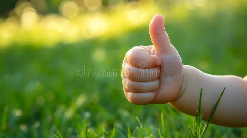 Baby Giving a Thumbs Up on Green Grass. Stock Photo - Image of green ...