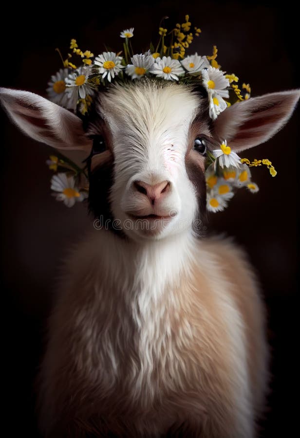Baby Goat with a Flowers Crown, Generative Ai Stock Illustration ...