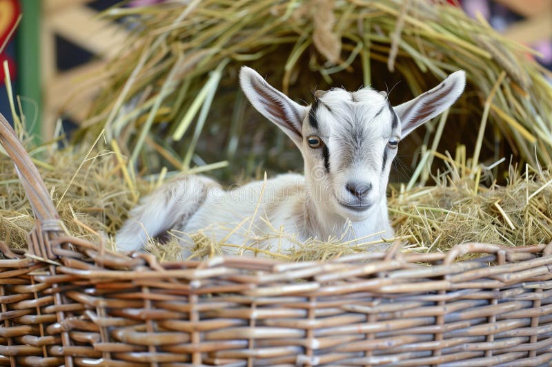 Baby Goat Lying in a Large Wicker Basket with Hay Stock Image - Image ...