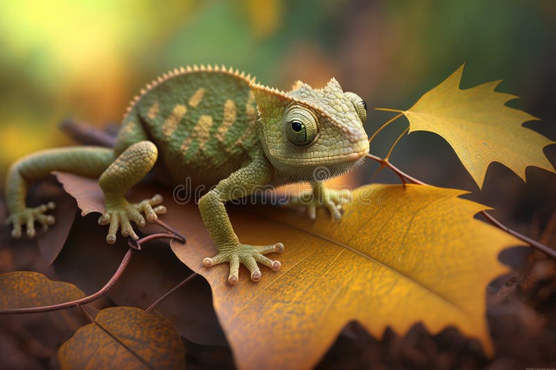 A Baby Green Chameleon Crawls Across Some Leaves Stock Illustration ...