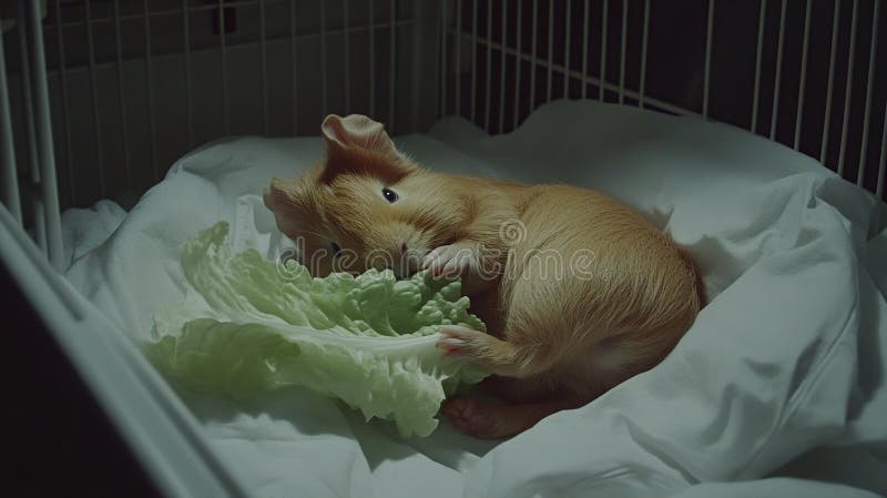 Baby Guinea Pig Eating Lettuce in Cage at Night Stock Image - Image of ...