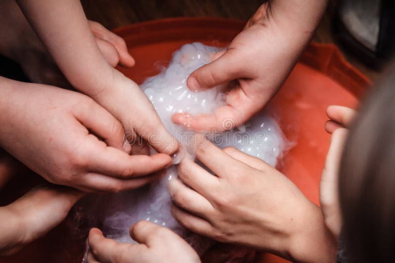 Baby Hands in Foam. Children Play with Foam Stock Photo - Image of ...
