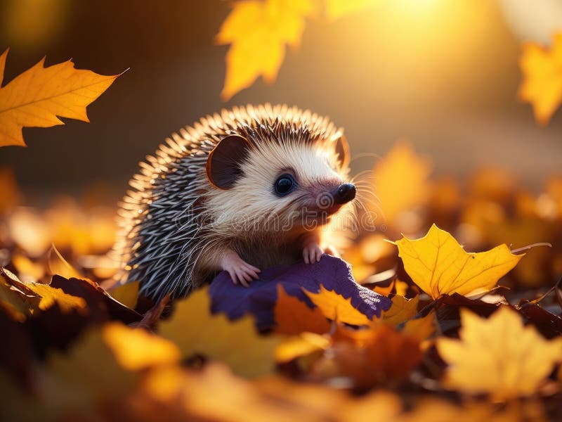 Baby Hedgehog Climbing and Playing in the Leaves. Ai Generative Stock ...