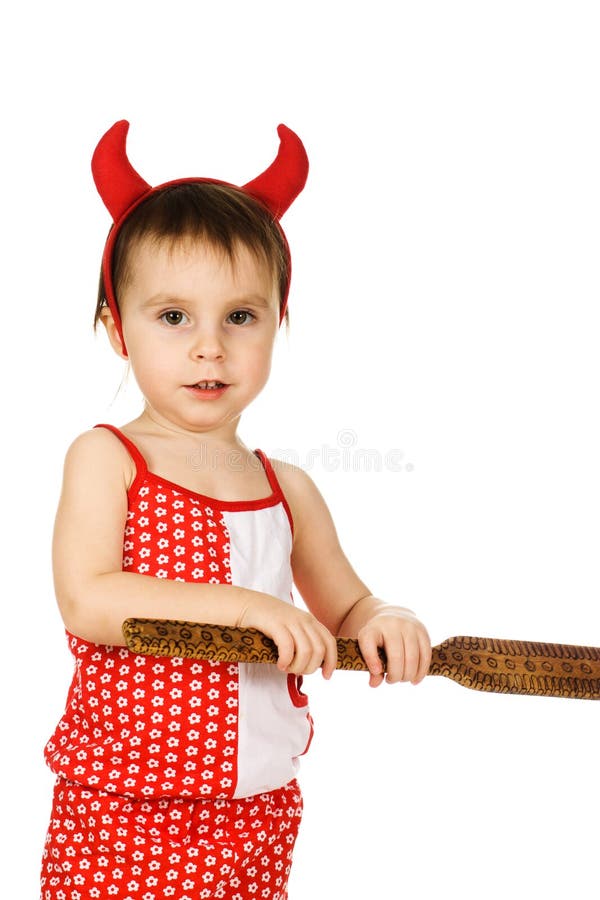 Baby with Horns Imp Sleeps on the Floor Stock Image - Image of happy ...