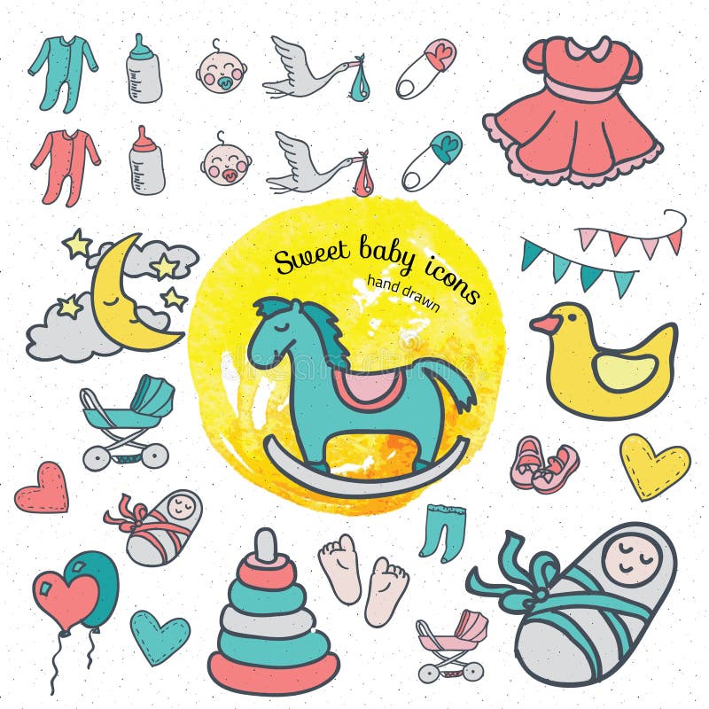 Baby Icon Set, Vector Illustration Hand Drawn in Doodles Stock Vector ...
