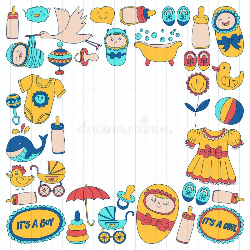 Baby Icons Hand Drawn Doodle Vector Set Stock Vector - Illustration of ...