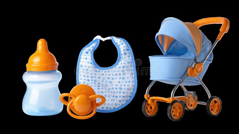 Baby Items Stroller Pacifier Bib and Bottle on Transparent Background ...