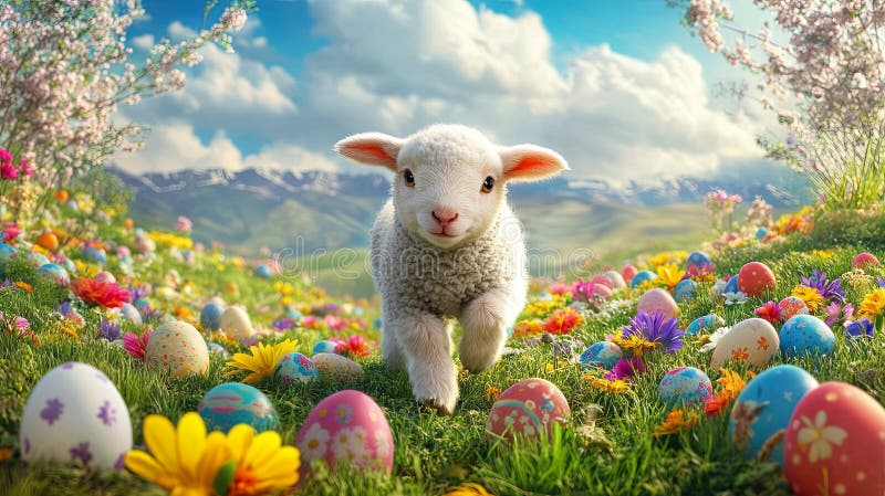Baby Lamb Exploring Field Vibrant Wildflowers Easter Eggs Stock Photos ...