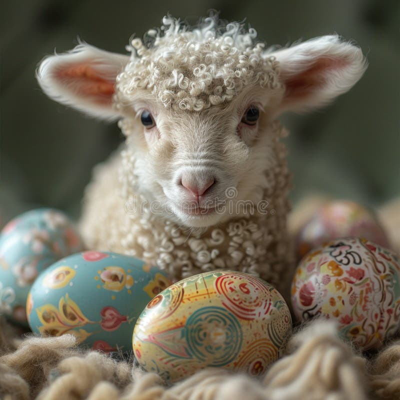 Baby Lamb Surrounded by Decorated Easter Eggs Stock Photo - Image of ...