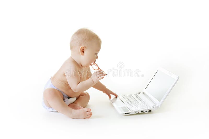 Happy Baby and a Laptop Computer Isolated Stock Photo - Image of joyful ...