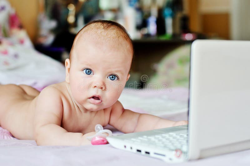 Baby with laptop stock image. Image of little, funny - 62963515