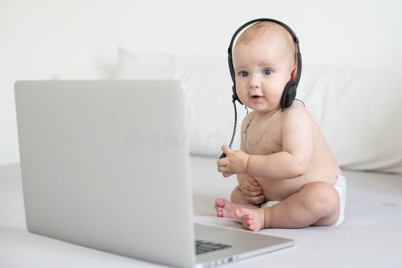 Mom and Baby with Laptop Computer Working from Home Stock Photo - Image ...