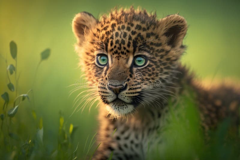 Baby Leopard in Spring Green Grass with Flowers. Generative AI Stock ...