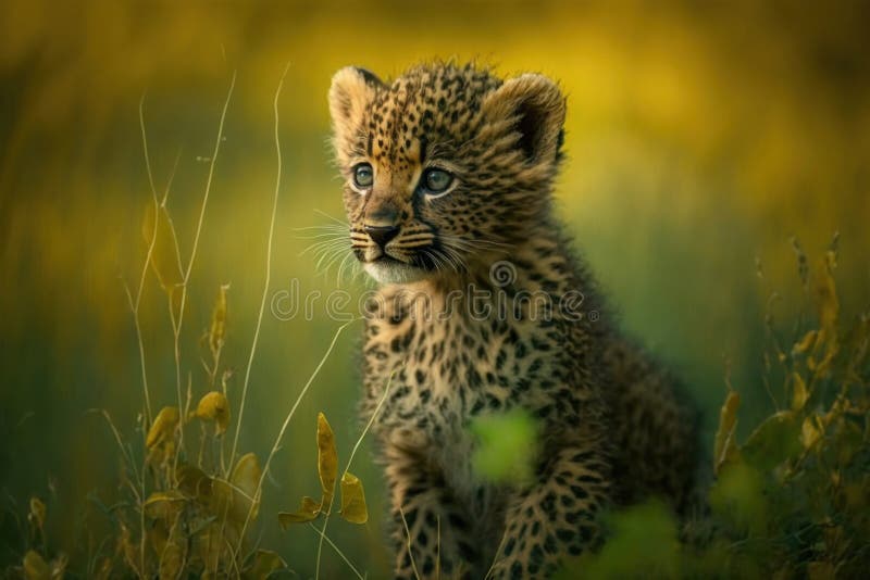Baby Leopard in Spring Green Grass with Flowers. Generative AI Stock ...