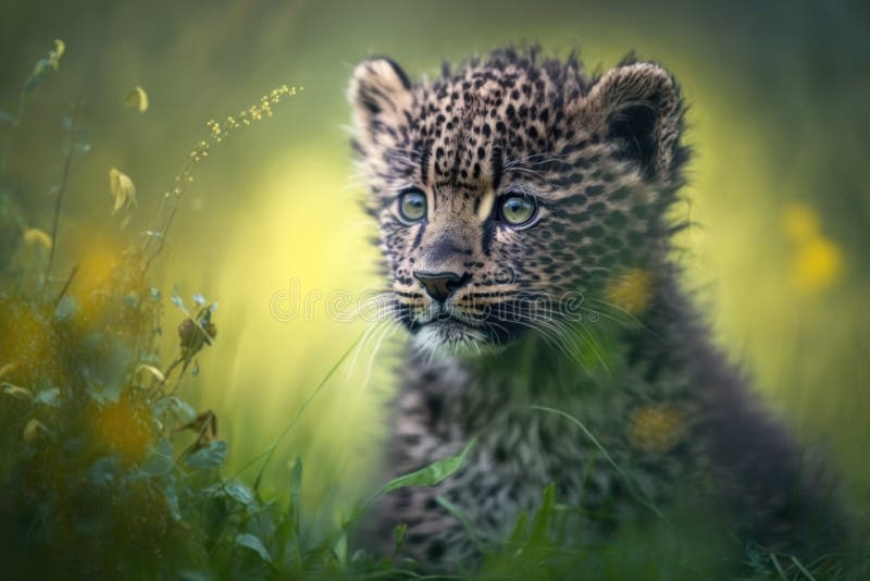 Baby Leopard in Spring Green Grass with Flowers. Generative AI Stock ...