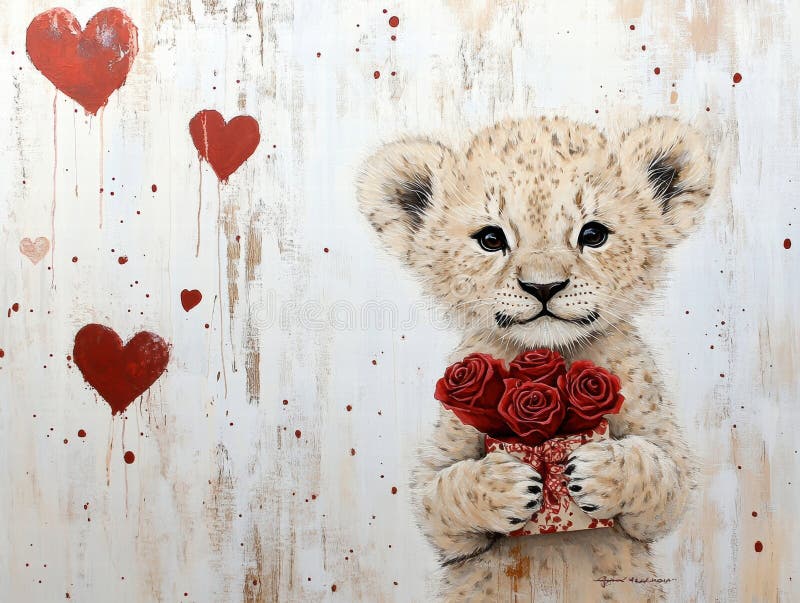 A Baby Lion Holding a Red Box with Roses Stock Illustration ...