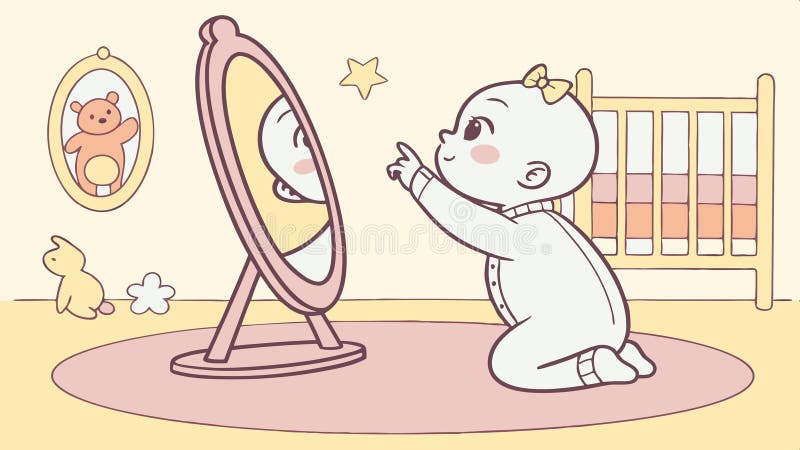 Baby Looking in Mirror, Reflection Play, Self-awareness Vector Design ...