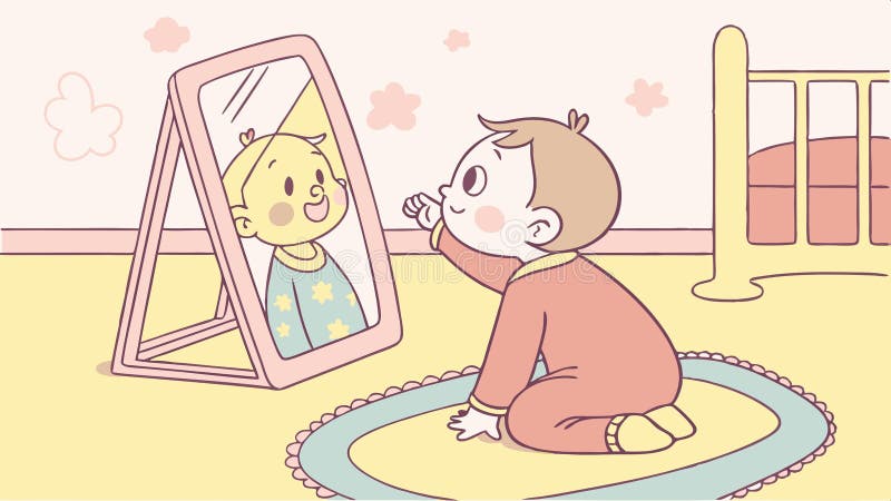 Baby Looking at Reflection, Mirror Exploration, Visual Play Vector ...