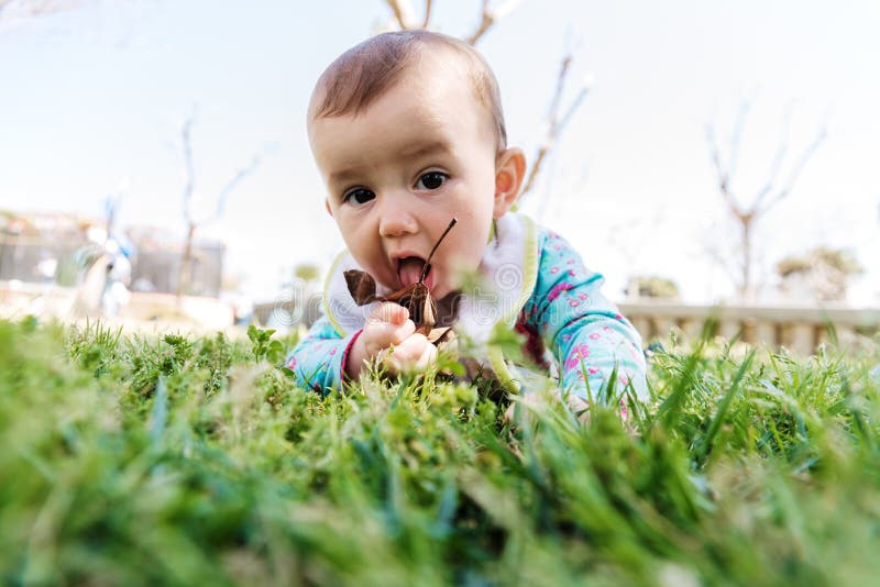Baby Lying Face Down on the Grass, Raising Her Head Stock Photo - Image ...