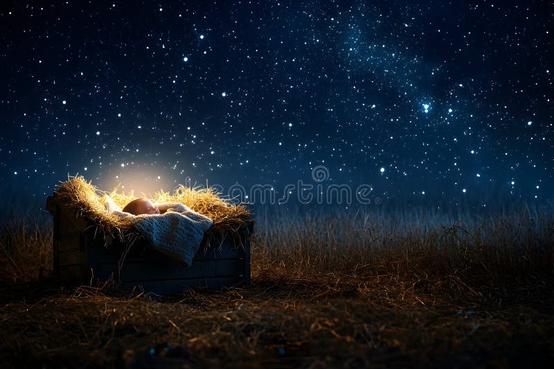 Baby Lying in a Manger Under a Starry Night Sky, Illuminated by Soft ...