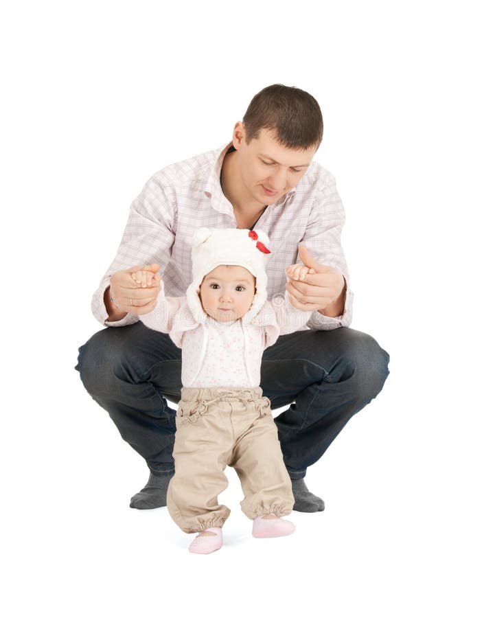 Baby Making First Steps with Father Help Stock Image - Image of ...